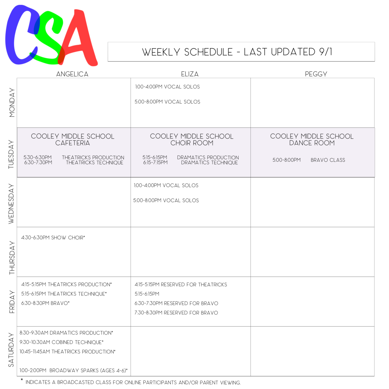 CLASS SCHEDULE – Center Stage Academy of the Arts